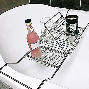 Insputer Stainless Steel Bathtub Caddy Tray, Expandable Bath Tub Tray Racks Shower Organizer for Luxury Bathroom with iPad Book Holder&Removable Wine Glass Holder Bath Accessories