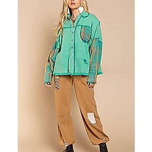 Zontroldy Denim Jean Jacket Shirt for Women Plaid Patchwork Distressed Ripped Frayed Denim Jean Jackets Shacket(0828-Green-M)