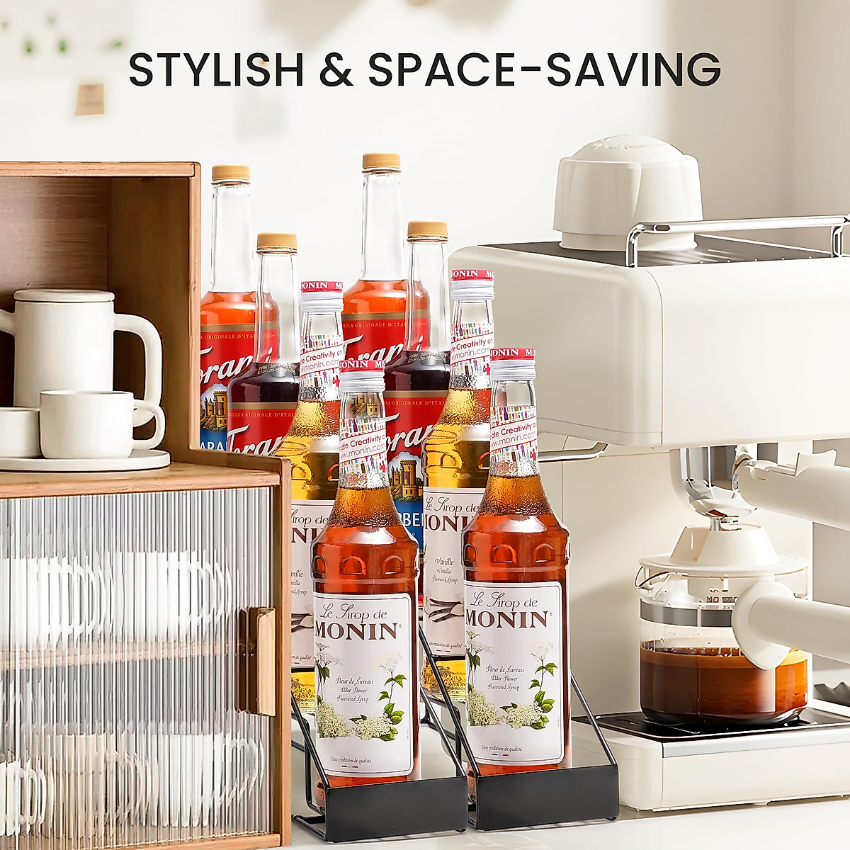 mustry Coffee Syrup Rack for Coffee Bar Accessories, Coffee Syrup Holder Fits with Torani and Monin Syrup, Coffee Bar Organizer Holds 4 Bottles, 2 Pack