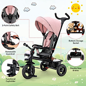 BABY JOY Tricycle, 5 in 1 Toddler Bike W/Removable Push Handle, Reversible Seat, EVA Wheel, Adjustable Canopy, Cup Holder & Storage, Ideal for Kids 1.5-5 Years Old, Tricycle for Toddler (Pink)