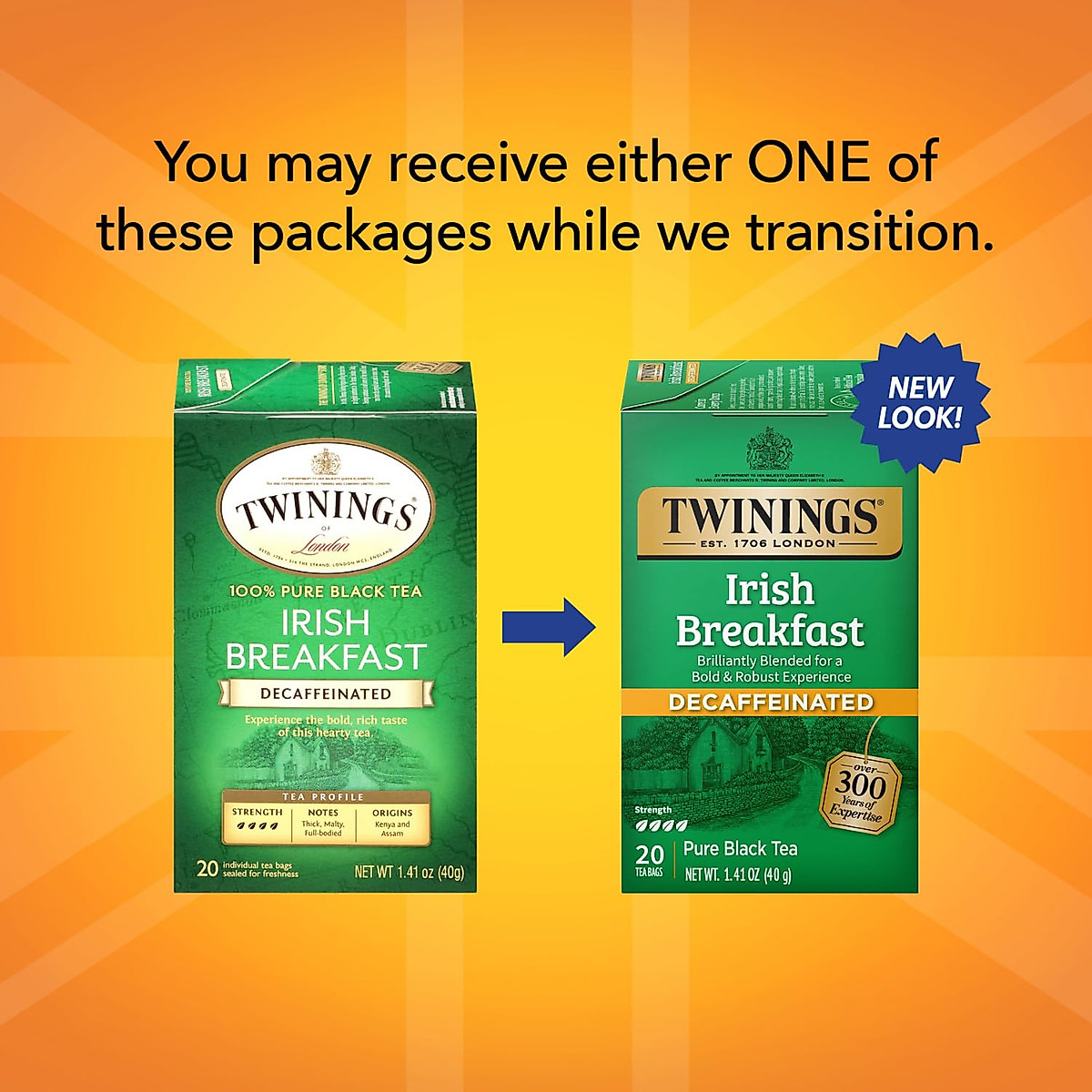 Twinings Irish Breakfast Tea, Decaf Tea Bags, Strong and Distinctive Black Decaffeinated Tea, 20 Individually Wrapped Tea Bags