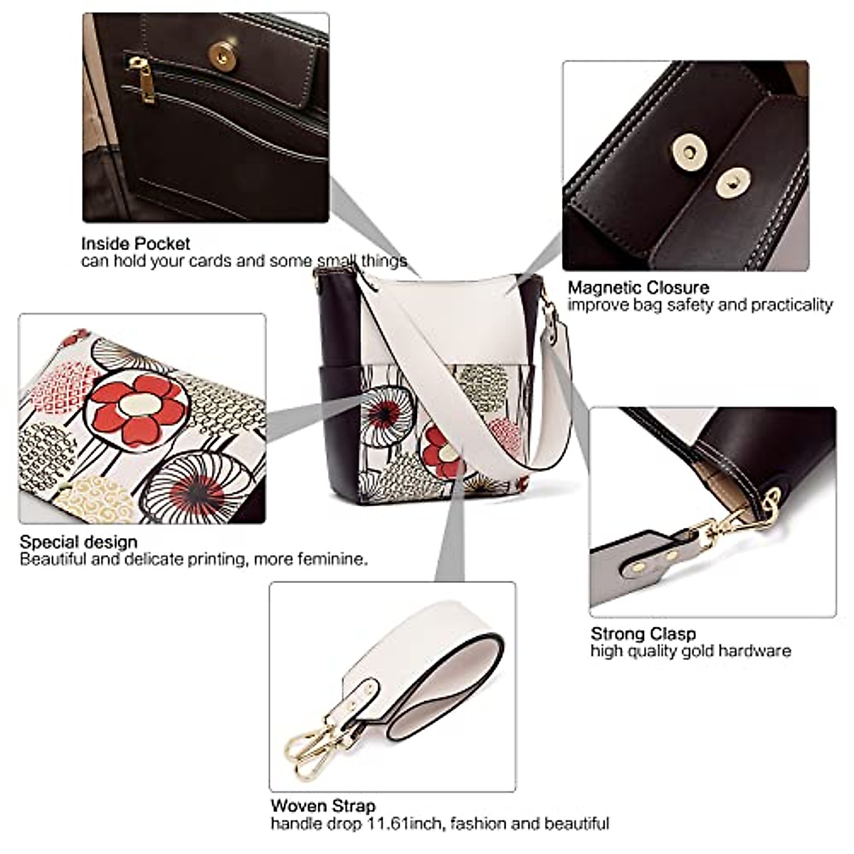 BROMEN Women Handbag Designer Vegan Leather Hobo Handbags Shoulder Bucket Crossbody Purse Printed Pattern