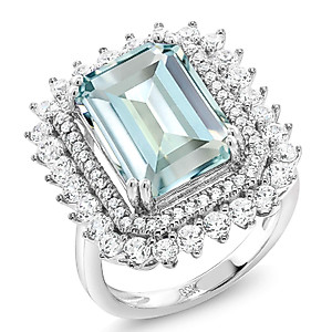 Gem Stone King 925 Sterling Silver Sky Blue Simulated Aquamarine Ring For Women (7.24 Cttw, Emerald Cut 14X10MM, Available In Size 5, 6, 7, 8, 9)