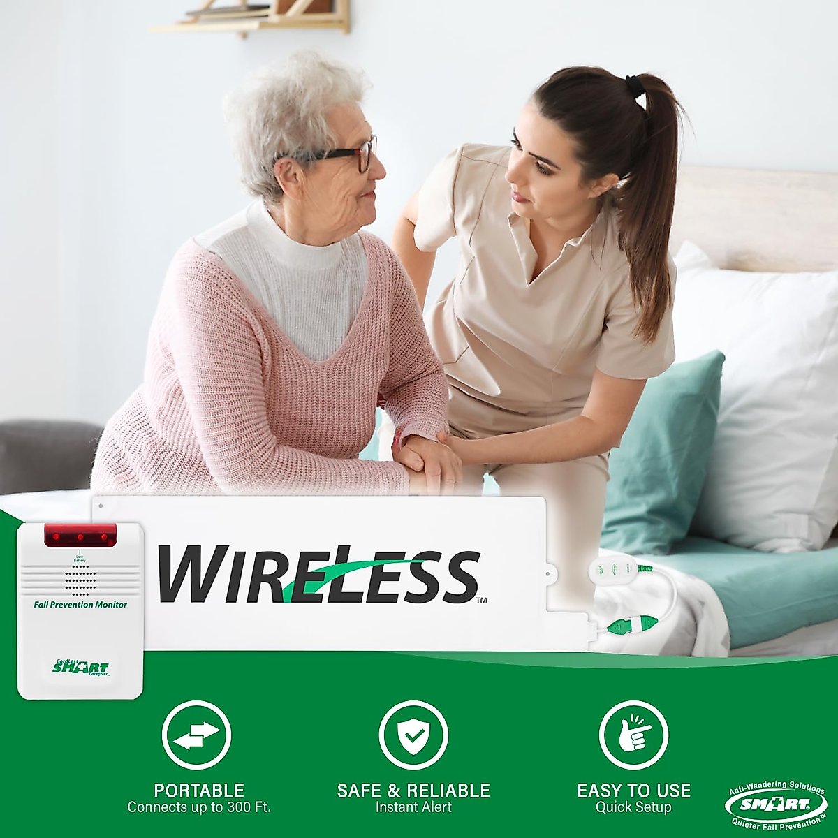 Smart Caregiver Wireless Bed Exit Alarm System - Weight Sensing Bed Pad with Call Button and Wireless Monitor - Bed Alarm Automcatically Alerts Caregiver When They Get Up to Help Prevent Falls