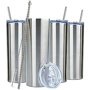 STRATA CUPS Skinny Tumblers with Lids and Straws (4 Pack) - 20 oz Double Wall Insulated Slim Stainless Steel Silver Tumblers with Straw Cleaner | Reusable Travel Mug for Hot and Cold Beverages