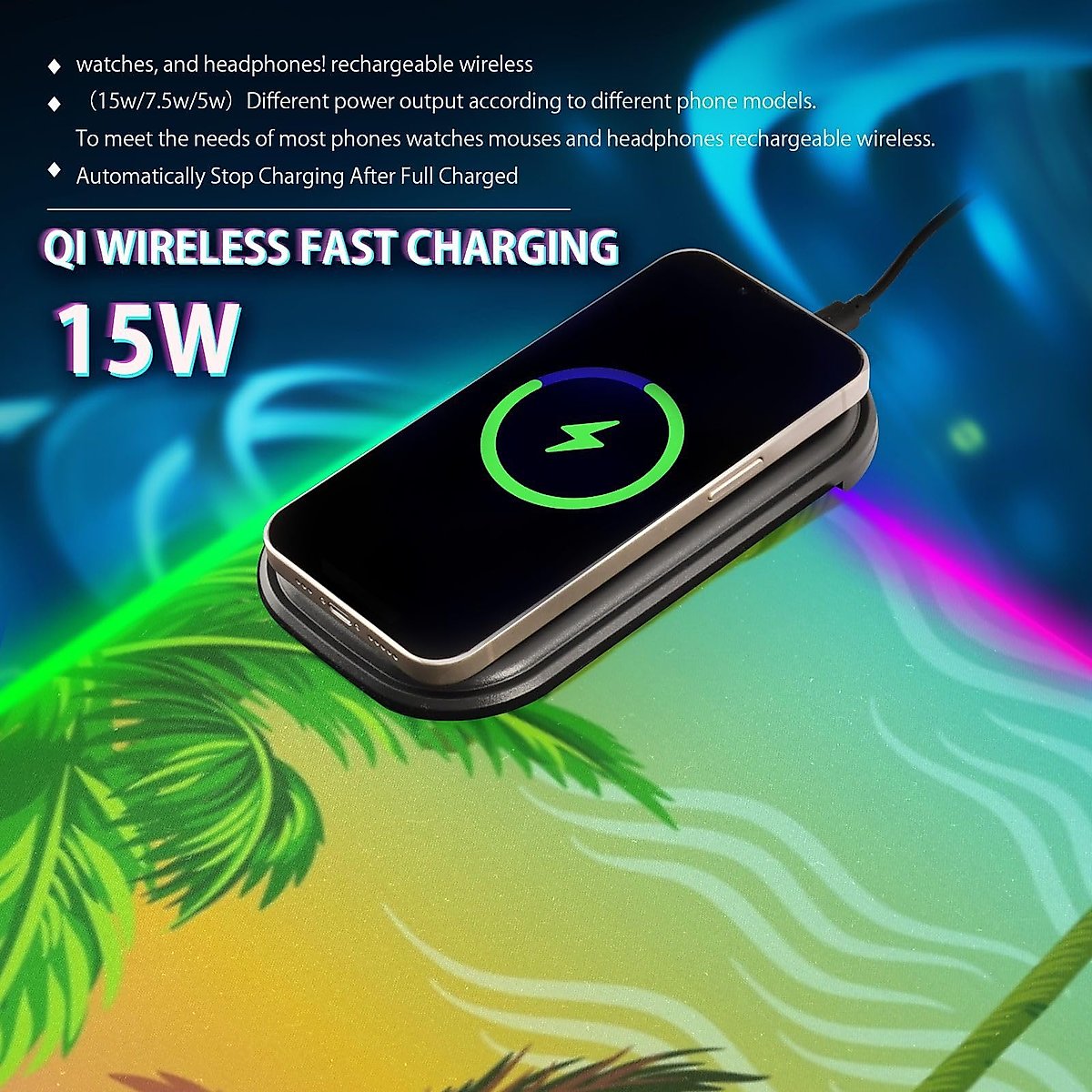 Palm Tree Wireless Charging Mouse Pad for Mobile Phone Extra Large Gaming Mousepad with 13 Lighting Modes Mouse Mat for MacBook PC Laptop Desk Office Home Gaming