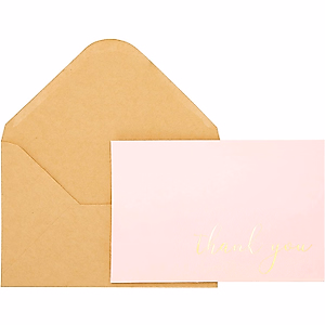 Thank You Cards - Blank 50 Pack Baby Pink Matte Finish Cards with Gold Foiled "Thank You" Printed with 52 Kraft Envelopes 4" x 6" - for Bridal Shower Baby Shower Birthday Party