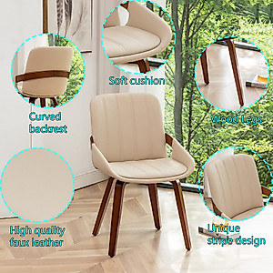 YOUUGIOR Mid Century Modern Beige Faux Leather Upholstered Dining Chairs Set of 2,Armless Accent Chairs with Sturdy Natural Wood Legs,Bamboo Backrest Support for Kitchen&Dining Room Chairs
