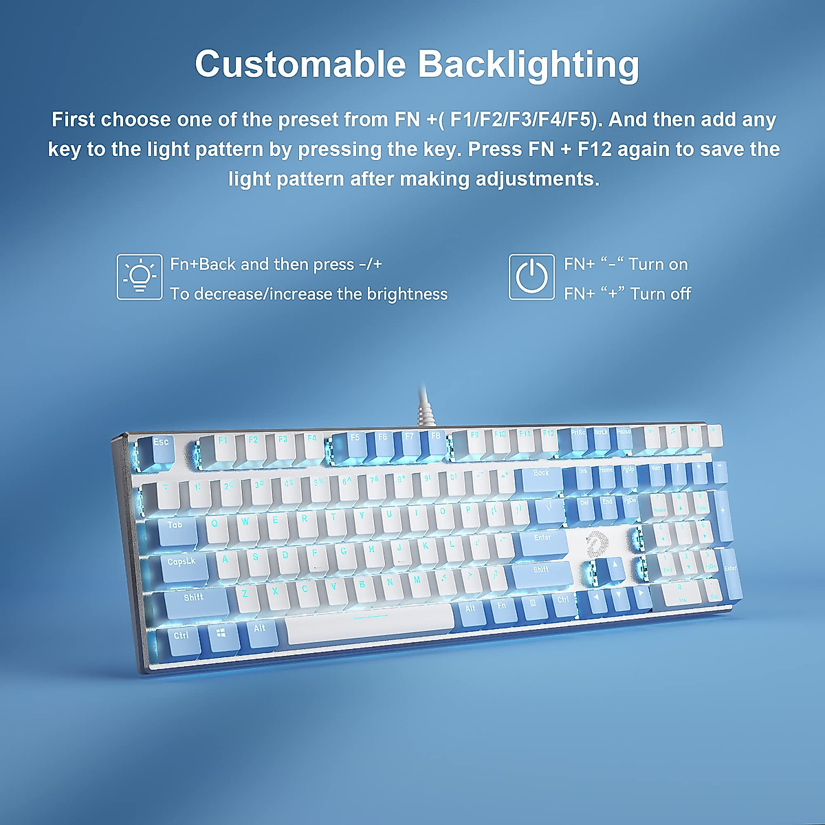 Superbcco Mechanical Gaming Keyboard, LED Backlit Wired Computer Keyboard with Clicky Blue Switches for Windows Gaming PC, 108 Anti-Ghosting Keys, QWERTY, Compact, Aluminum Base for Gamer (Blue)