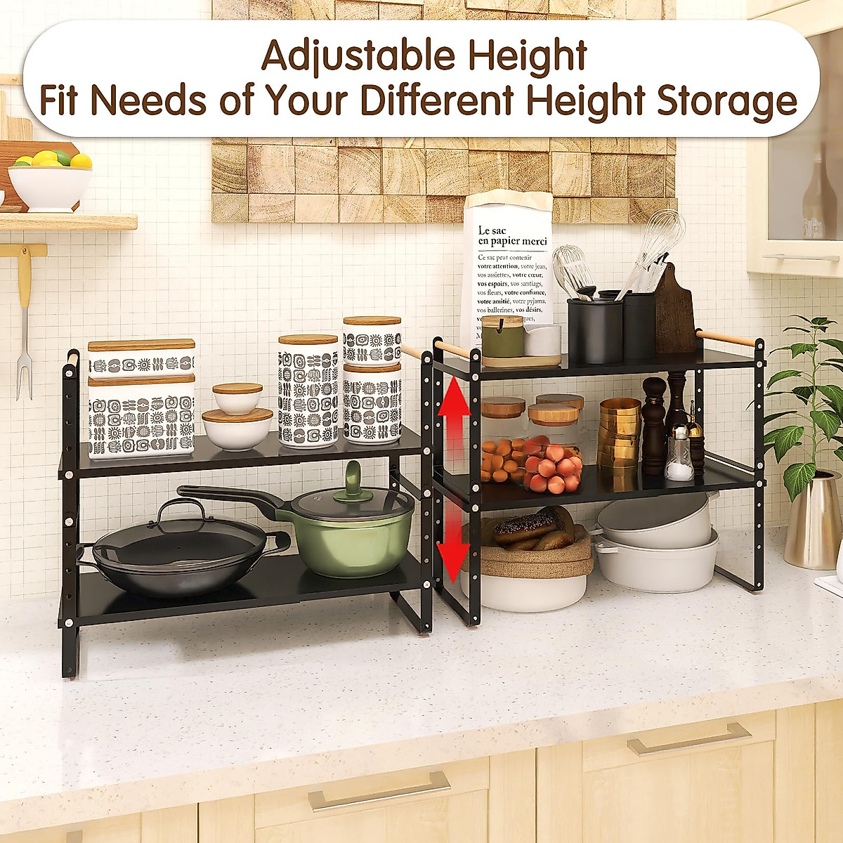 RUILALIFE Expandable Shelf Organizer for Kitchen Countertop，Adjustable Cabinet Shelf Organizers，Stackable Kitchen Counter Shelf Rack，Tiered Risers Shelves for Storage Pantry