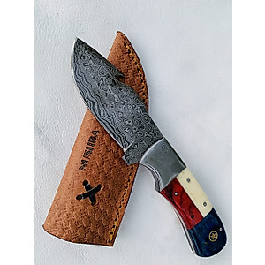 NUSHBA 012 Handmade Damascus Gut Hook Skinning Hunting Knife With Cow Brown Leather Sheath- Best Damascus Steel American Flag Handle Hunting Knife