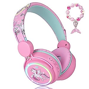 FLOKYU Kids Headphones Unicorn, Color Changing LED Light Wireless Bluetooth Headphones for Kids Girls Boys School, Anime Over-Ear Bluetooth Headphones with Microphone for Tablet/ipad/Travel (Pink)
