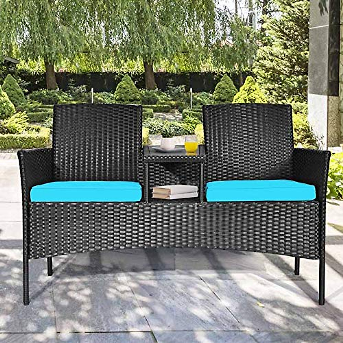 LDAILY Patio Conversation Set, Modern Rattan Loveseat, Outdoor Furniture Set with Removable Cushions & Table, Patio Wicker Sofa Set, Tempered Glass Top, Ideal for Garden Lawn Backyard