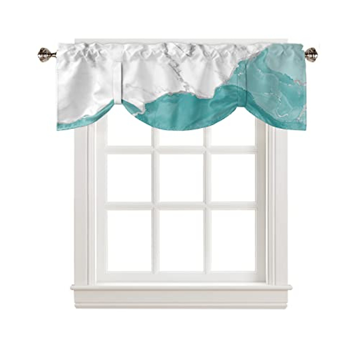 Segard Tie Up Valance for Windows,Marble Turquoise Gold and White Colors Kitchen Valances Adjustable Rod Pocket Window Shade Valance,Ink Painting Short Curtains Window Treatment for Bedroom 60x18in