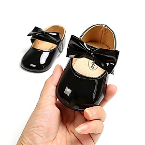 myppgg Baby Girls Mary Jane Flats Infant Bowknot Princess Dress Crib Shoes Non-Slip for Toddler First Walkers Black, 12-18 Months Toddler