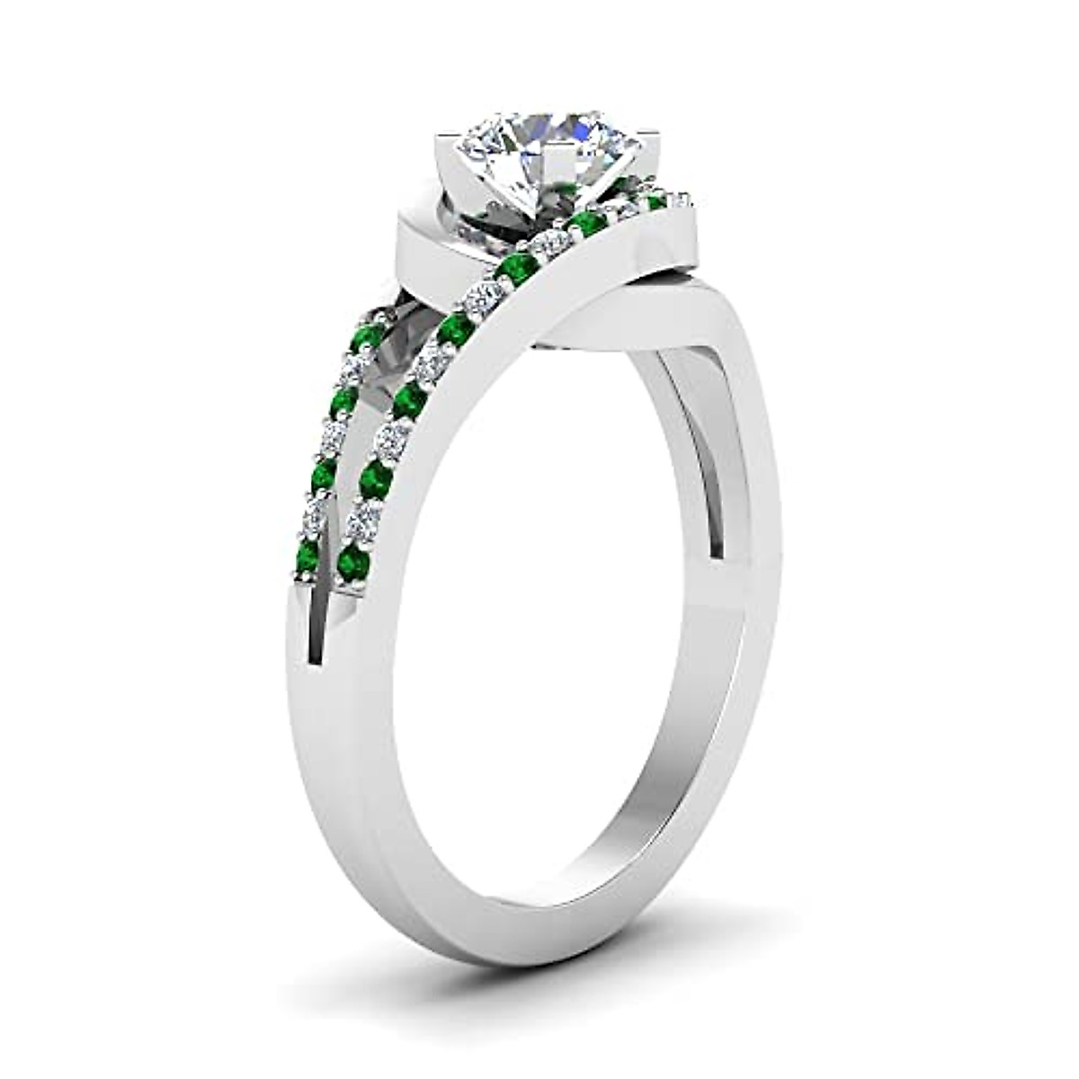 JewelryGift Swirl Split Diamond Ring for Women Sterling Silver Created Emerald Round Shape Green Color Split Shank Engagement Ring Prong Setting in Size 8 Handcraft Chakra Healing