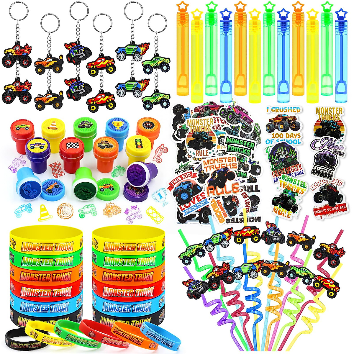 BOIKOKY 110 PCS Monster Truck Party Favors Birthday Supplies with Drinking Straws, Silicone Bracelets, Bubble Wands, Keychains, and Monster Truck Pinata for Boys Goodie Bag Stuffers
