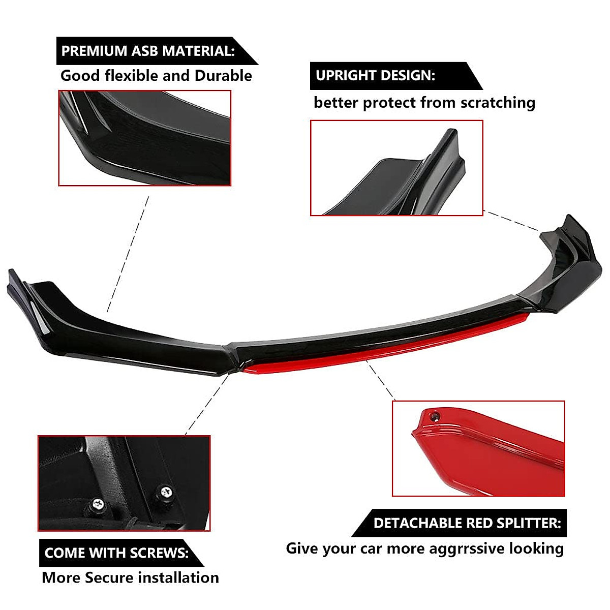 Xotic Tech Front Bumper Lip Chin Spoiler Splitter Diffuser Protector Body Kit with Adjustable 10"-13" Support Splitter Rod Compatible with Honda Accord Civic, Volkswagen MK5 MK6 MK7, Black w/Red