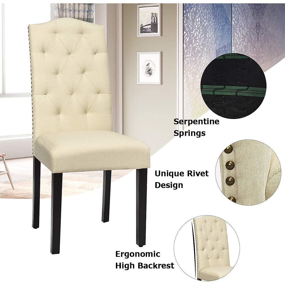 ERGOMASTER Dining Chairs Set of 4 Adjustable Parsons Chairs Anti-Slip Foot Dining-Chair Fabric Kitchen Chair with Solid Wood Legs - Beige