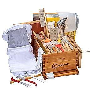BeeCastle 8-Frame Bee Hives and Supplies Starter Kit,Beehive Kit Dipped in 100% Beeswax,Bee Keeping Supplies-All Beginners Kit Includes Beekeeping Supplies Tool Set and Bee Suit.