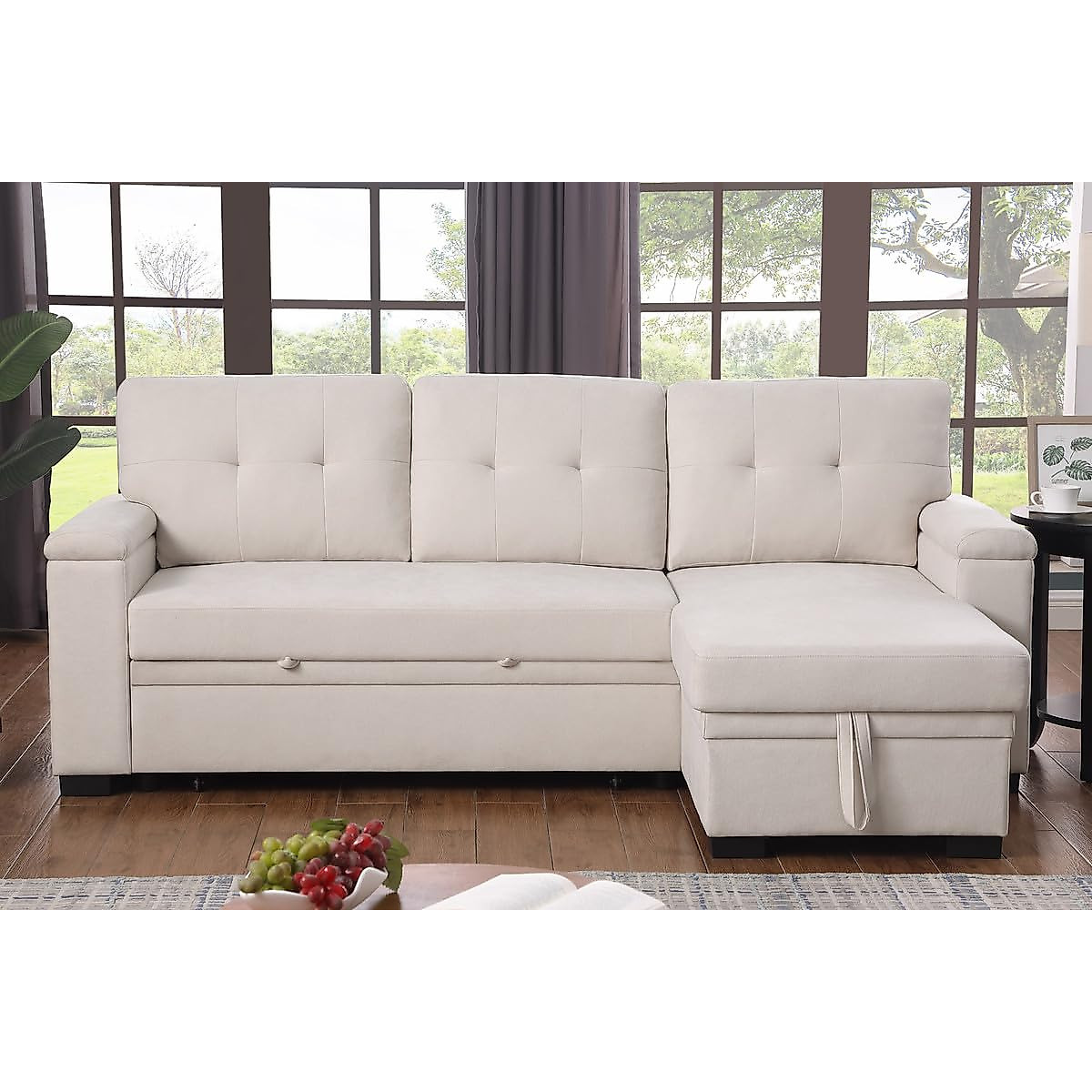 Lilola Home Lucca II 84.5" W Beige Woven Fabric Reversible Sleeper Sectional Sofa with Storage Chaise and Pocket Coil Seating