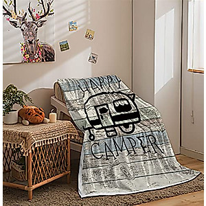 Happy Camper Throw Blanket, Retro Rustic Wood Neutral Color for Travel Trailer Camping Theme Motor RV Fleece Blanket, Farmhouse Soft Flannel Throw Blanket for Chair Bed Sofa Couch Office, 50X60IN