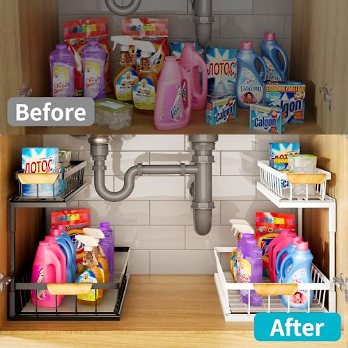 Bravace Under Sink Organizer and Storage - 2-Tier Pull Out Cabinet Organizer with Sliding Drawer L-shape Sliding Shelf Storage Under Bathroom Sink Storage for Kitchen Bathroom(White)