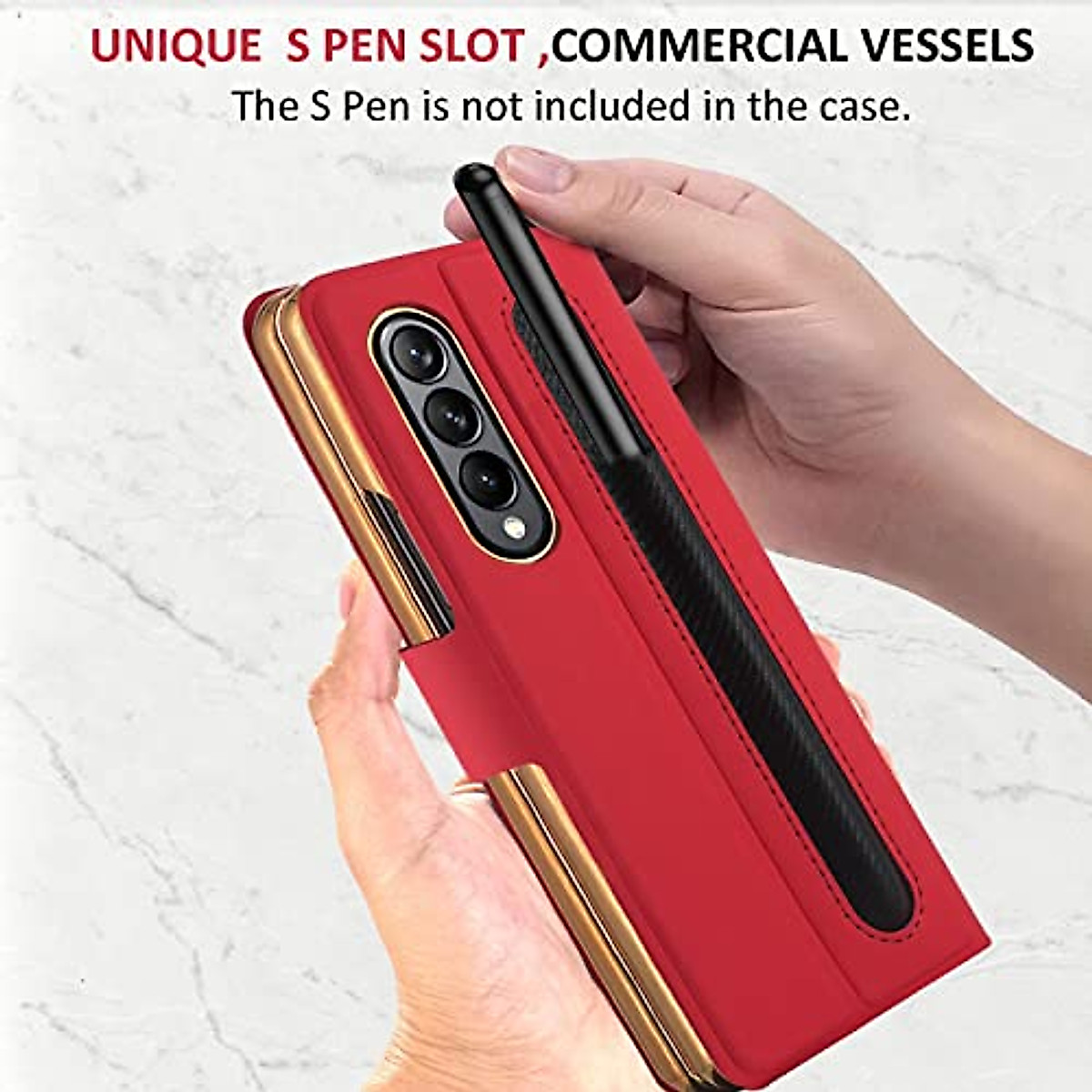 NINKI Compatible Magnetic Leather Case for Samsung Galaxy Z Fold 4 Case with Screen Protector and Stand 2022 Luxury Business Protective Samsung Z Fold 4 5G Phone Case with S Pen Holder Women- Red