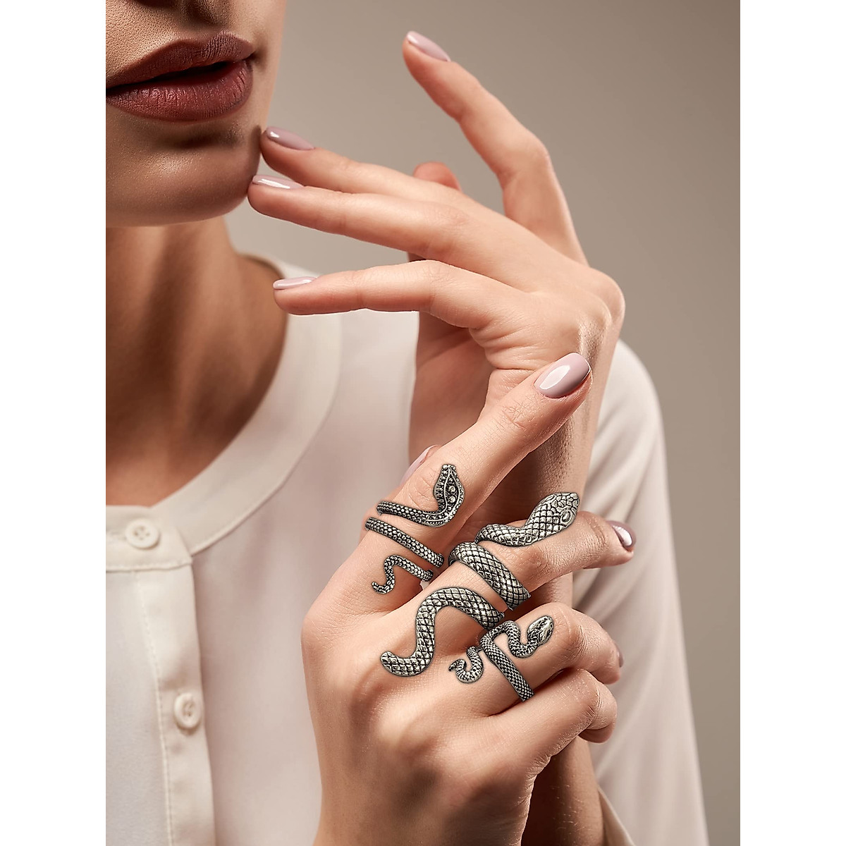 Harry and Henry Snake Ring Set Adjustable Vintage Reptile Serpent Snake Stackable Rings for Women Punk Knuckle Rings Snake Jewelry Halloween Medusa Costume Cosplay Accessories