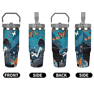 RTFGHJS Girl Playing Piano 30 Oz Tumbler with Handle And Flip Straw, Stainless Steel Vacuum Insulated Travel Mug, Thermal Cup for Coffee, Water, Iced Drinks, Fits Car Cup Holders (Home, Sports)