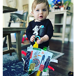 Baby Jack & Co 8x8” Learning Lovey Chicago Illinois Tag Toys for Babies - Baby Crinkle Toys - Soft & Safe - Learn USA Cities and Shapes - Ideal Baby Toy & Gift BPA Free w/Stroller Clip