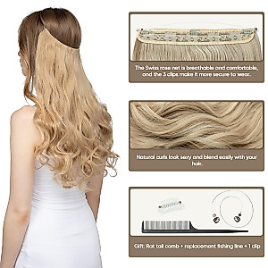 SARLA Invisible Wire Hair Extensions with 3 Clips Long Synthetic Wavy Curly Hairpiece Adjustable Transparent Headband for Women 18 Inch Black Brown