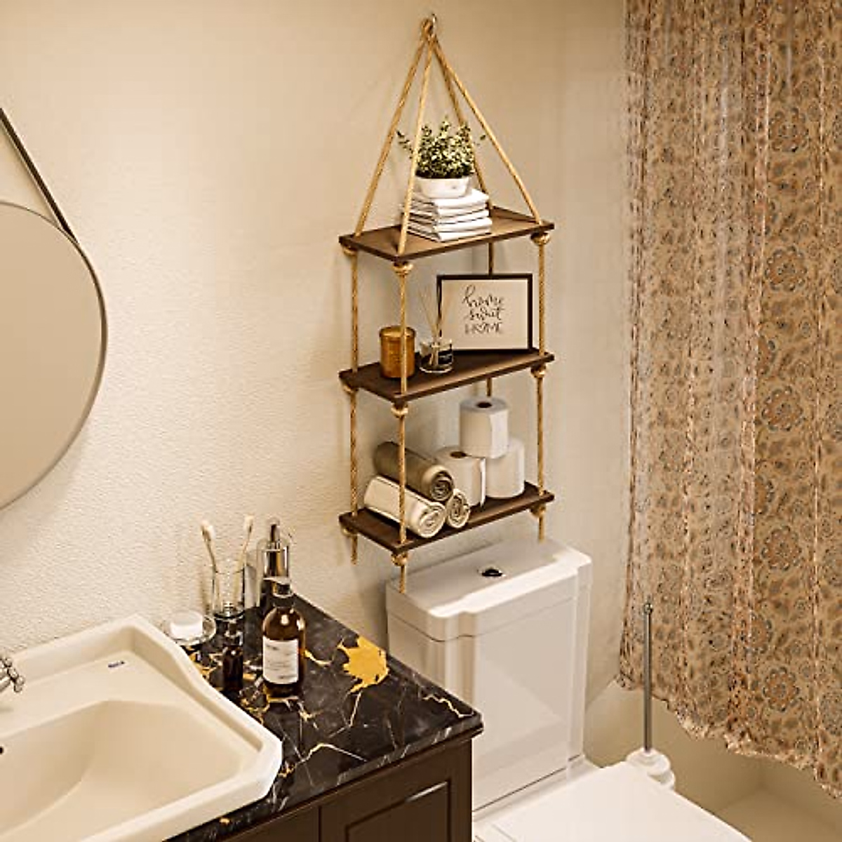 BAMFOX Hanging Wall Shelves,Swing Rope Floating Shelf,3 Tier Bamboo Hanging Storage Shelves for Living Room/Bedroom/Bathroom and Kitchen …