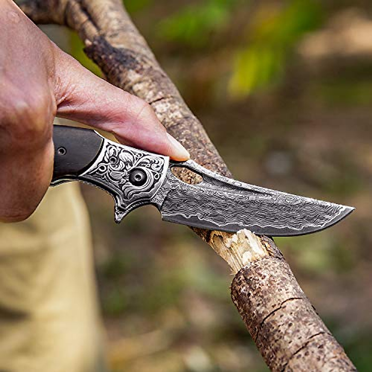 SPIRIT DEED 3.5in handmade japanese vg10 damascus steel blade folding pocket knife for men and women,leather sheath,ebony wood handle,liner lock,edc outdoor knives for camping