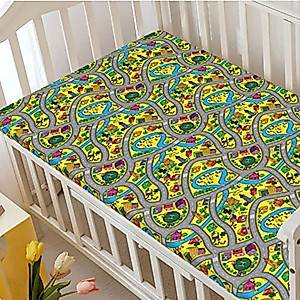Car Race Track Themed Fitted Crib Sheet,Standard Crib Mattress Fitted Sheet Soft Toddler Mattress Sheet Fitted-Crib Mattress Sheet or Toddler Bed Sheet, 28“ x52“,Multicolor