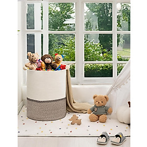 StorageWorks 58L Cotton Rope Laundry Basket with Wooden Beads Handles, Woven Basket for Storage, Dirty Clothes, Kids Toys, Towels, White & Light Brown