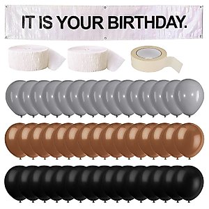 It is Your Birthday Banner, The Office Theme Infamous Husband Birthday Party Decorations,Grey Brown Black Latex Balloons ，White Crepe Streamer Rolls + Tape ，The Office Birthday Decorations 49Pcs Kit