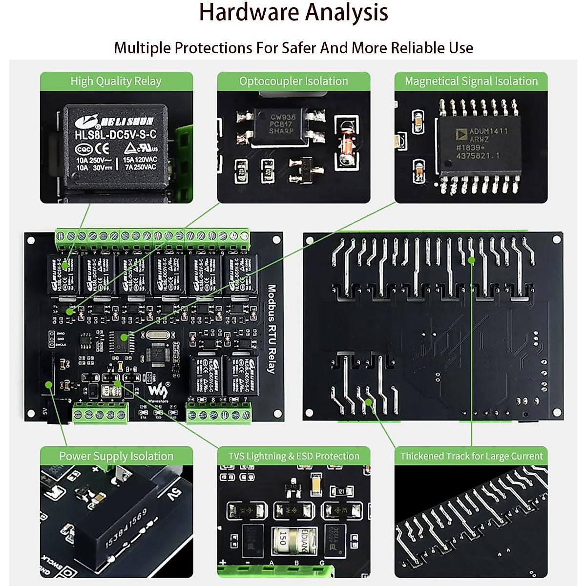 Waveshare Industrial Modbus RTU 8-Ch Relay Module with RS485 Bus, Multi Isolation Protection, 5V Voltage