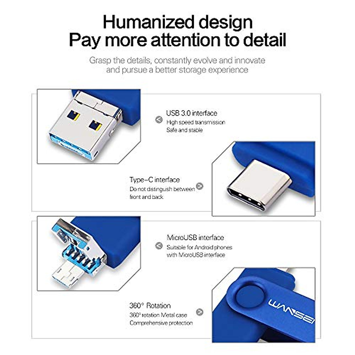 Wansenda 3 in 1 128GB USB Flash Drive USB 3.0/3.1 & Type-C & Micro USB C Pen Drive for Android Devices/PC/Tablet/Mac (128GB, Blue)
