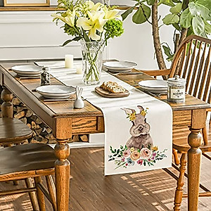 Artoid Mode Easter Bunny Easter Table Runner Off-White, Seasonal Spring Flowers Holiday Kitchen Dining Table Runner for Home Party Decor 13 x 72 Inch