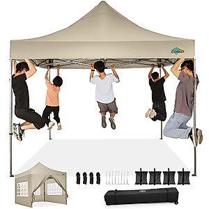 COBIZI 10x10 Pop Up Canopy Tent with 4 sidewalls Commercial Heavy Duty Canopy UPF 50+ All Weather Waterproof Outdoor Canopy Wedding Tents for Parties Gazebo with Roller Bag, Khaki (Windproof Upgraded)
