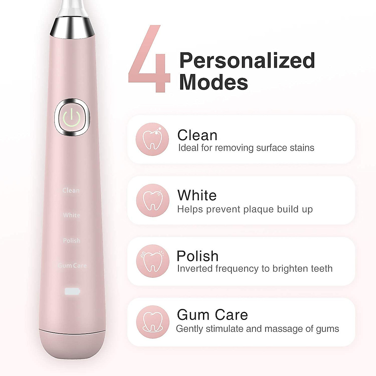 HINNEX Sonic Electric Toothbrush H3 Series Rechargeable Power 4 Modes with Smart Timer for Tooth and Gum Care, 1 Holder and 2 Replacement Brush Heads, Oral Care Whitening (Pink)