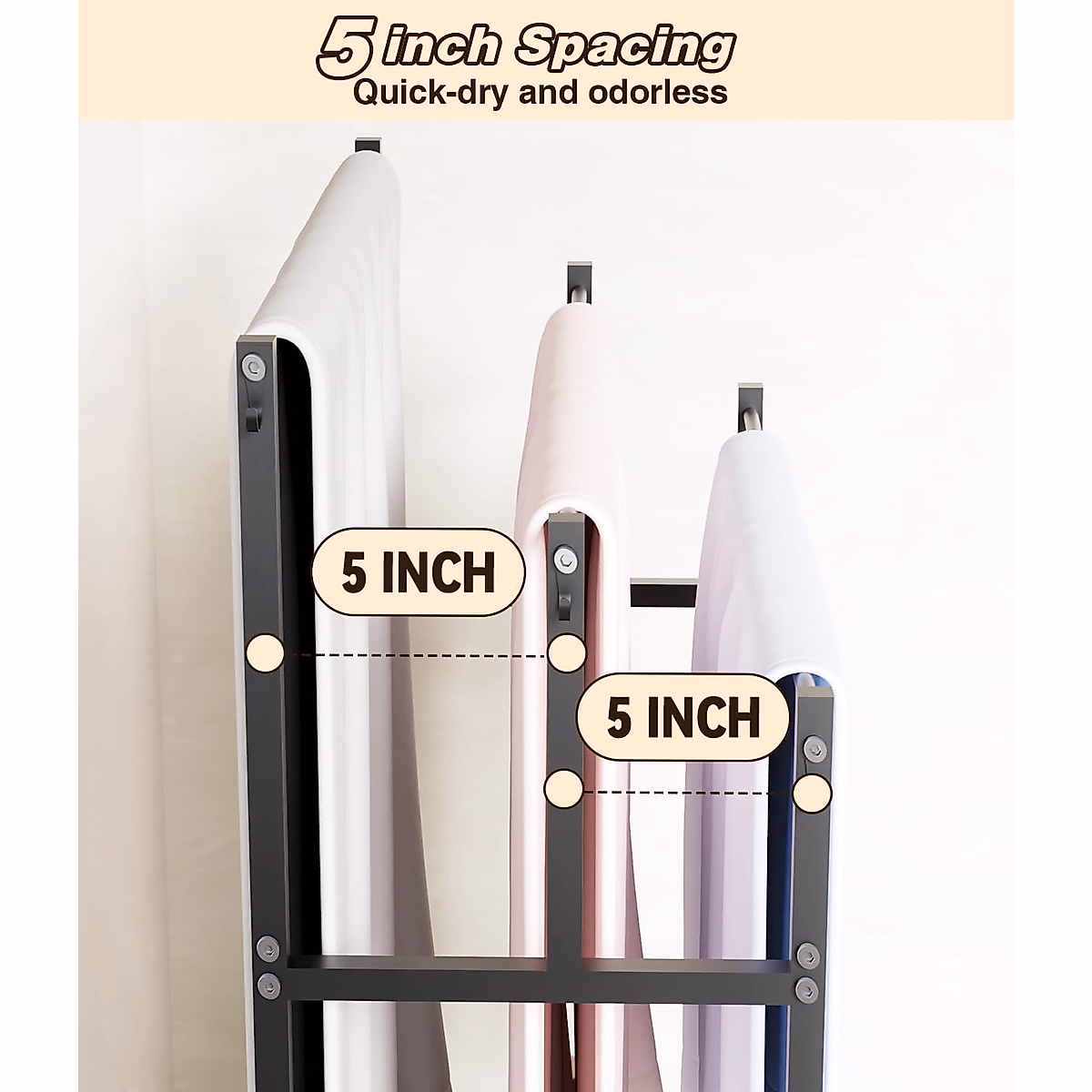 Mondazie 44” Tall Free Standing Towel Racks with 6 Hooks for Bathroom, 3 Tiers Oversized Pool Bath Towels Drying Stand, Metal Blanket Ladder Holder with Storage Shelf for Bedroom Living Room, Black