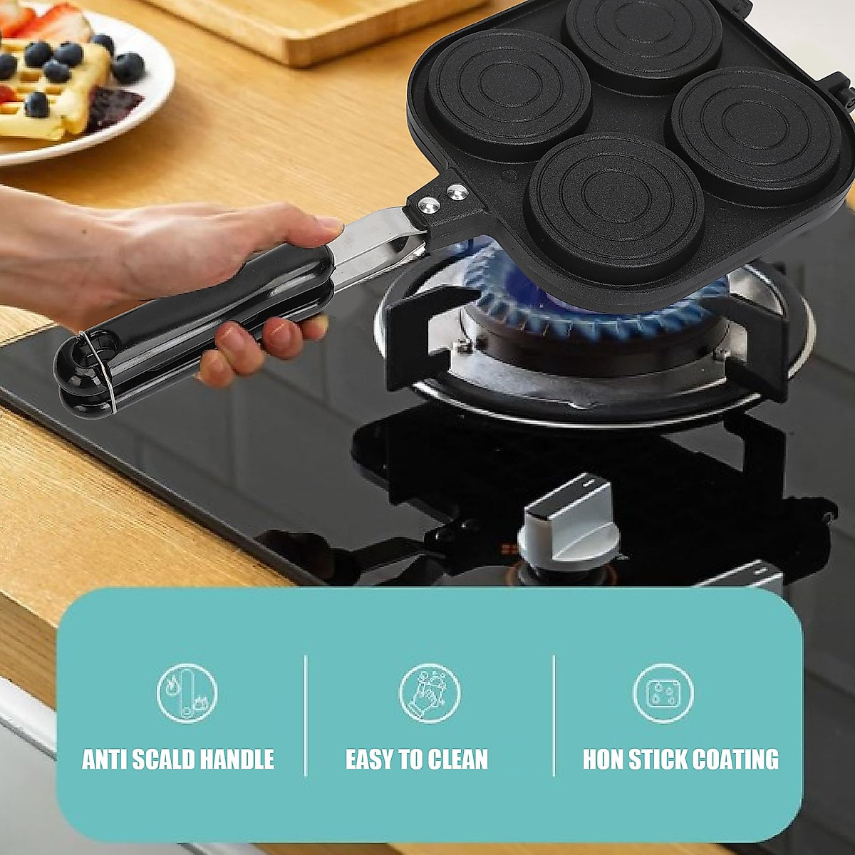 Fockety Double Sided Frying Pan, Sandwich Pancake Pan Non Stick Pan, Easy to Flip Pan with Anti Burn Handle, Grill Pan for Barbecue Grill Pot, Double Pan for Omelets, Wheel Pie Bread Egg