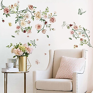wondever Rose Vine Flower Wall Stickers Watercolor Garden Floral Peel and Stick Wall Art Decals for Bedroom Living Room TV Wall