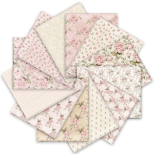 Whaline 12Pcs Spring Cotton Fabric Bundles 18 x 22 Inch Retro Floral Printed Fat Quarters Pink Flower Quilting Patchwork Squares Sewing Fabrics for DIY Handmade Crafting Home Party Decor