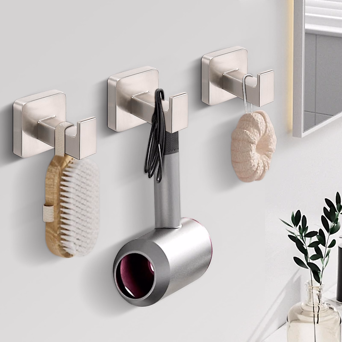 NearMoon Bath Towel Hooks -SUS304 Stainless Steel Square Clothes Robe Hooks Hanger, Heavy Duty Coat Hooks for Bathroom Livingroom Hotel Kitchen Garage, Wall Mounted - 3 Pack (Brushed Nickel)