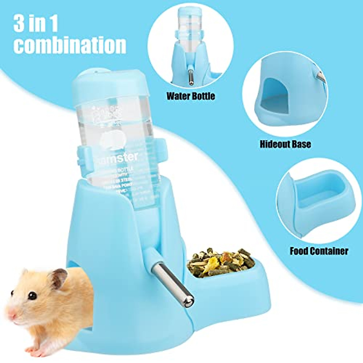 Hamster Water Bottle, [3 in 1-2.7oz] Diyife Guinea Pig Water Bottle No Drip, 80ml Small Animal Auto Dispenser with Food Container Base for Hamster Bunny Chinchilla Squirrel, Small Pets (Blue)
