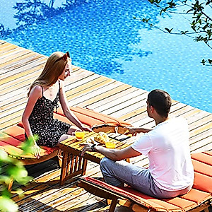 Tangkula 3 Pcs Folding Patio Solid Eucalyptus Wood Lounge Chair Set, Outdoor Lounger Chair w/Foldable Side Table, Double-Sided Cushion Lounger Chairs Set for Garden Lawn Backyard(Red & White)