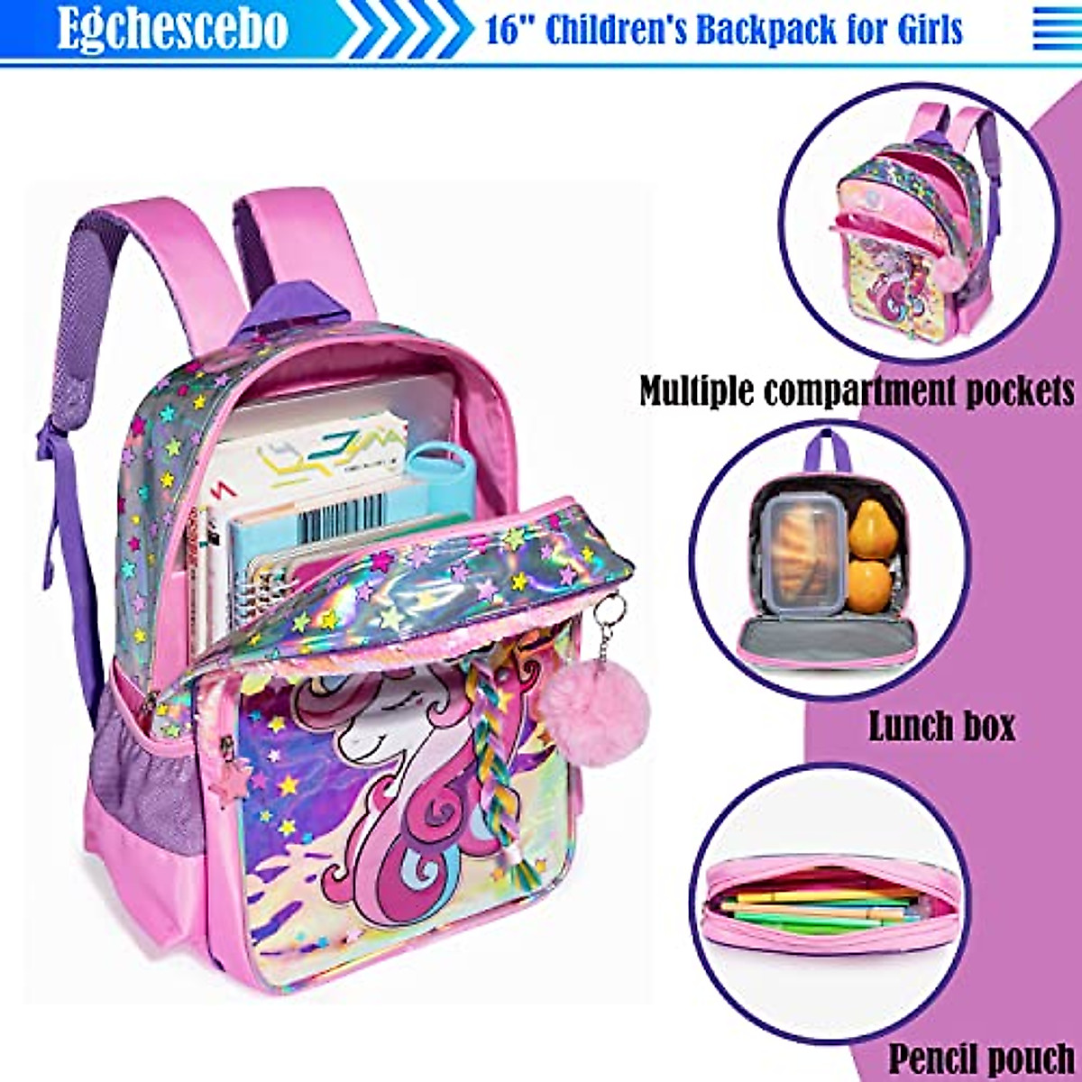 Egchescebo Kids Girls Travel School Teen Girl Preschool Kid Clear 3Pcs Unicorn Braid Backpack with Plush Lunch Box Bags Kids' Backpacks for School Elementary Teenage Gifts Trendy Stuff Toddler Pink